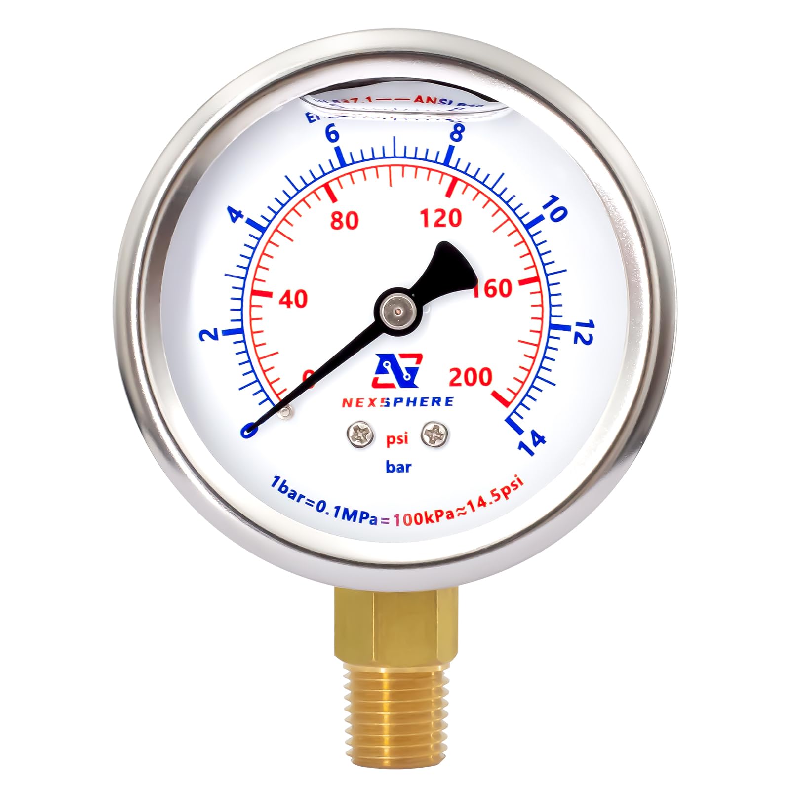 Amazon.com: NexSphere 2-1/2inch Dial Size, Liquid Filled Pressure Gauge, 0-200psi/bar, 304 ...