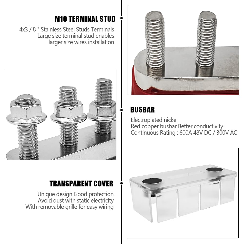 Snapklik.com : High Current 600A Battery Bus Bar 4-Stud 3/8" M10 Post ...