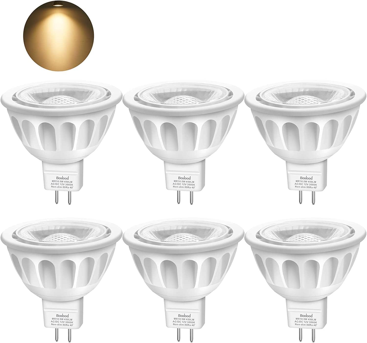 Boxlood 6 Pack MR16 LED Light Bulbs, 12-Volt, 40-Degree Spot Light with ...