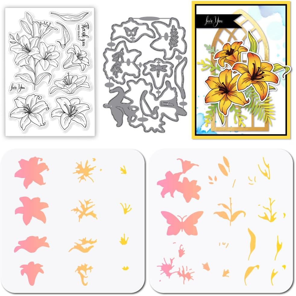 GLOBLELAND Pink Flowers Lily Stamps Cutting Dies PET Painting Stencils ...