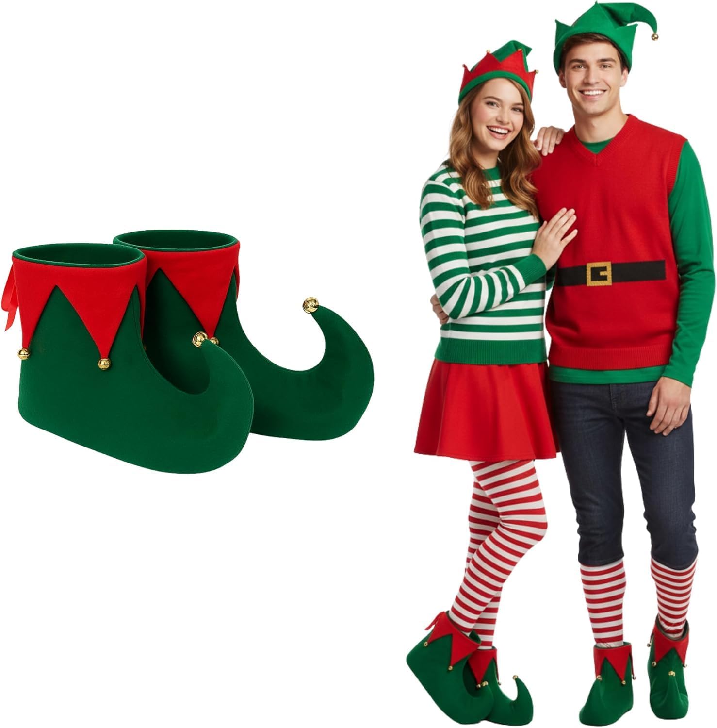SKYTE Adults Deluxe Christmas Elf Shoe Covers with Bells – Red & Green ...