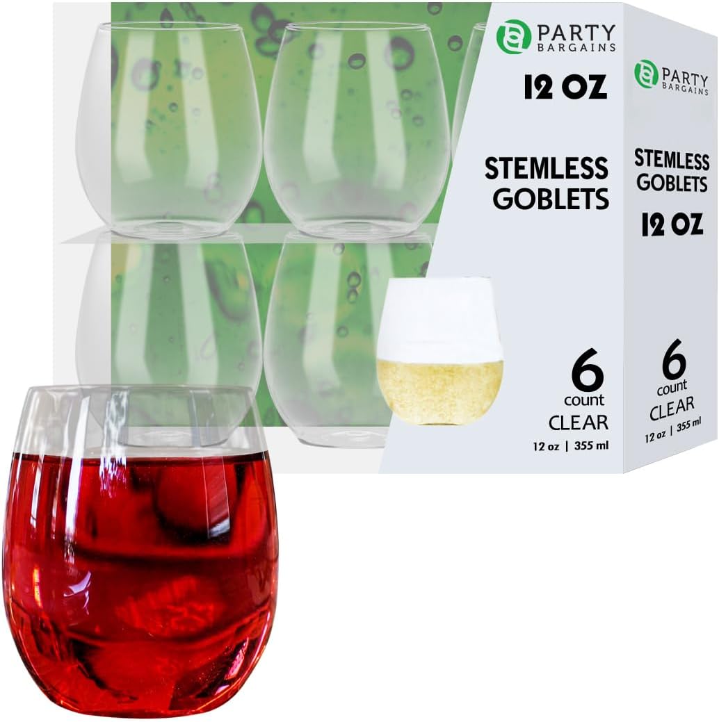 Amazon.com | PARTY BARGAINS 12 oz Stemless Goblet, Clear, 6 Pack, Heavy ...