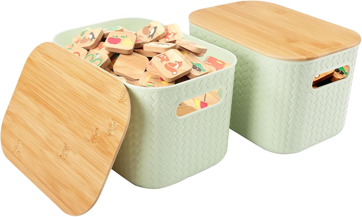 2 PCS Storage Box with Bamboo Lids,Storage Basket Stackable Storage Box ...