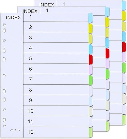 File Dividers A4, 3 Pack 12 Part Folder Dividers Coloured Multi Hole ...