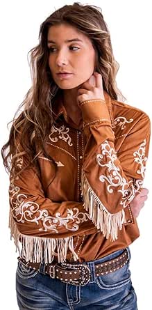 Cowgirl Tuff Western Shirt Womens L/S Fringe Embroidery XL Tan 100620 ...