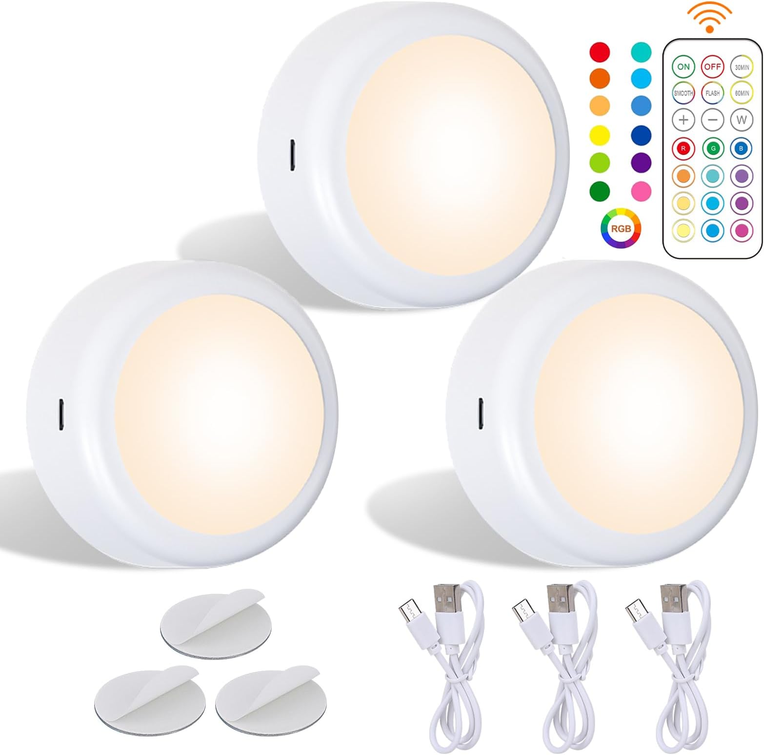 Sgizoku Rechargeable RGB Puck Lights with Remote,Battery Operated Push ...