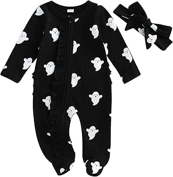 Amazon.com: Newborn Baby Girl Halloween Outfit Ghost Print Ruffled Zipper Long Sleeve Romper ...