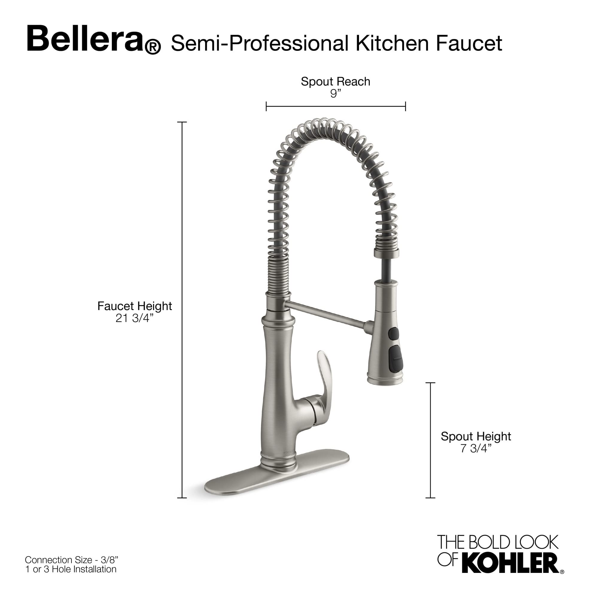 KOHLER K-29106-CP Bellera Pull Down Sprayer Kitchen Sink Faucet, 3 ...