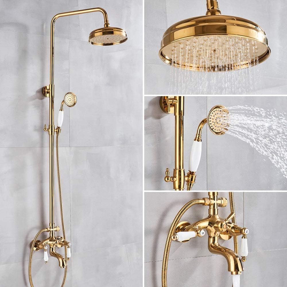 Gold Shower Faucet Set with 8" Rainfall Shower Head and Hand Shower ...