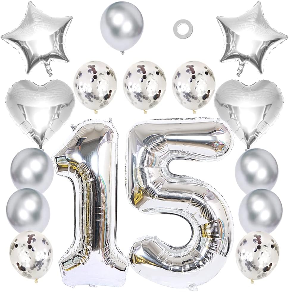 Amazon.com: Ceqiny 40" 15th Number Balloon Mylar Balloon 18” Star Heart ...