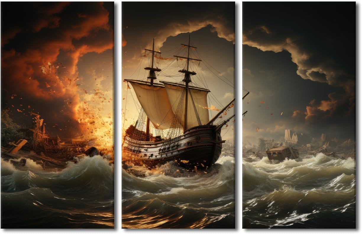 Amazon.com: 3 Pieces Wall Art Sailing Ship Picture Prints on Canvas ...