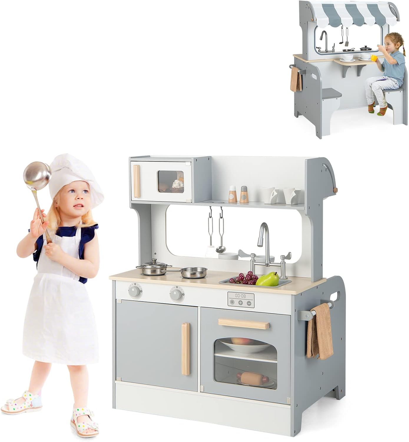 COSTWAY 2-in-1 Kids Play Kitchen, Double Sided Pretend Cooking Playset ...