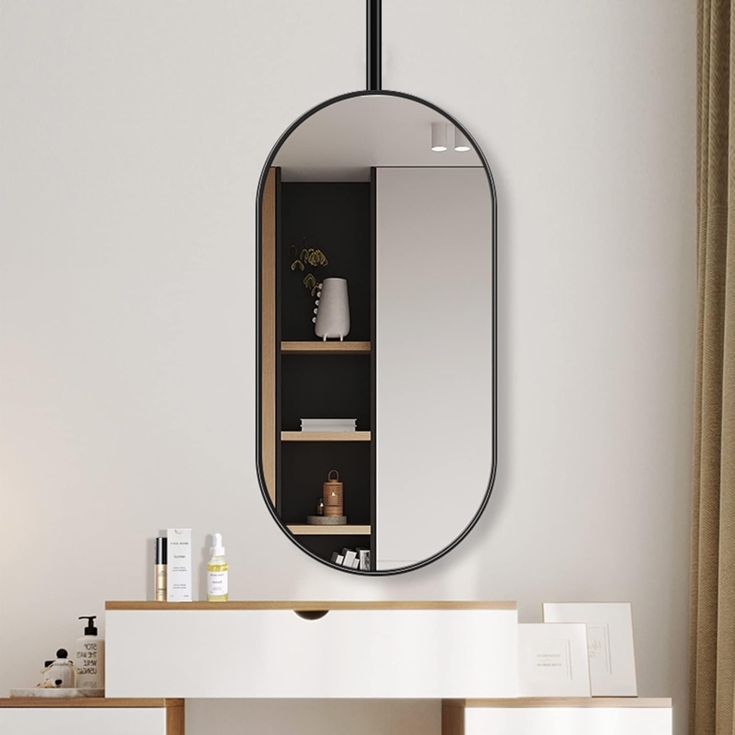 Oval Hanging Rod Mirror for Ceiling Mounted ，Bathroom Floating Make-up ...
