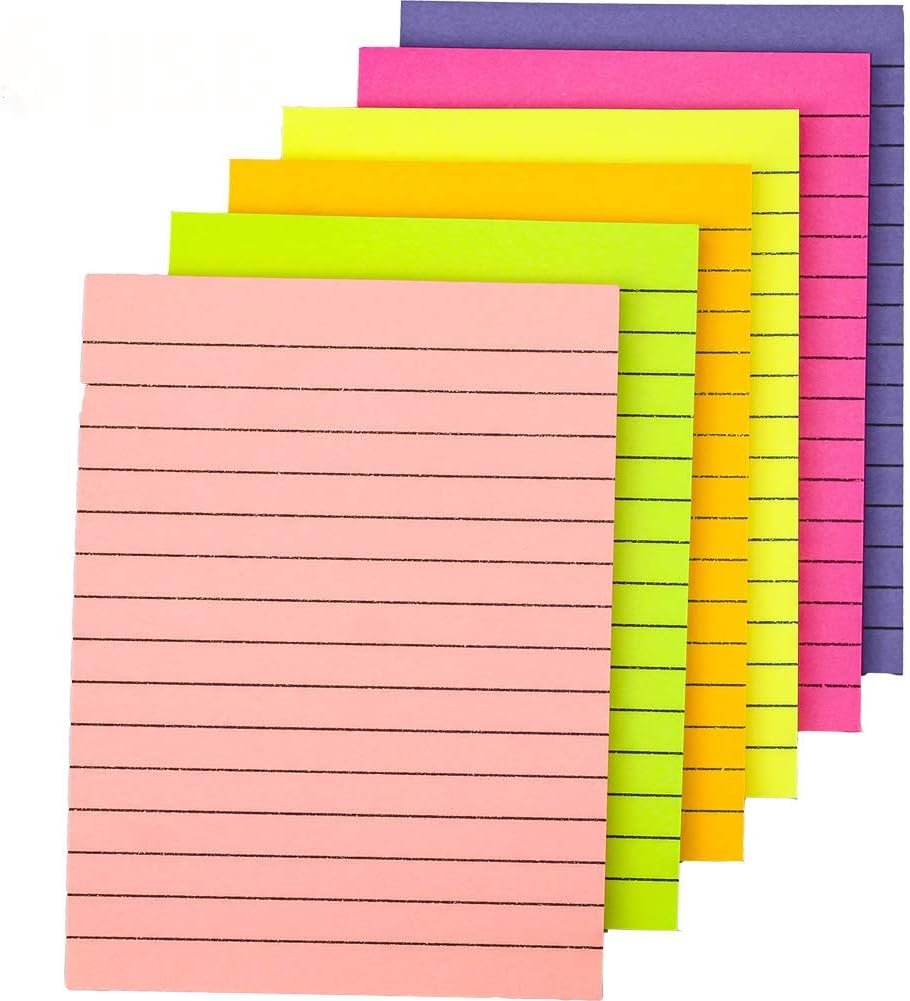 Lot de 6 blocs-notes autocollants colorés avec lignes 10,2 x 15,2 cm ...