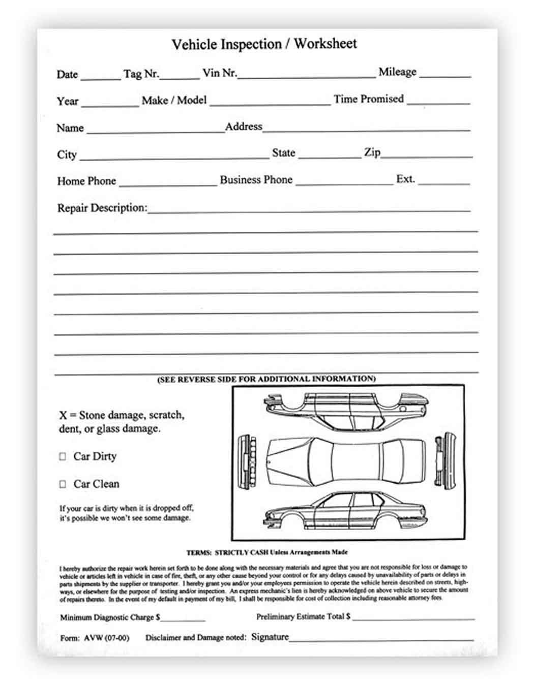 Vehicle Inspection Worksheet (Car Dealer Service Body Shop Form) (1 Pad ...