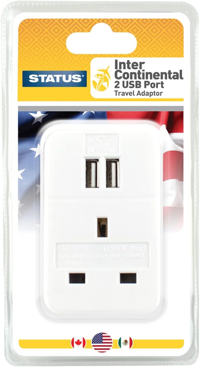 STATUS UK to US International Plug with USB Port Adapter, 3 Pin to 2 ...