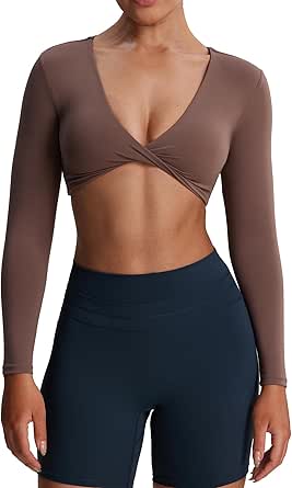 Amazon.com: Aoxjox Long Sleeve Crop Tops for Women Sienna Twist Deep V Workout Cropped T Shirt ...