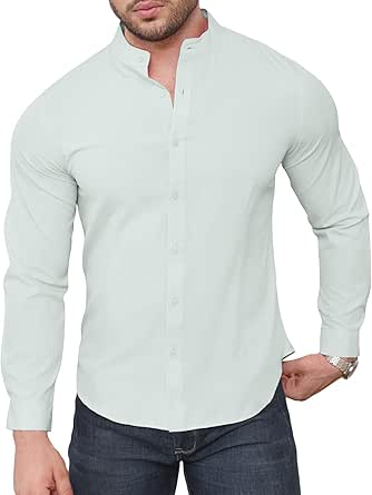 Uni Clau Men's Muscle Dress Shirts Slim Fit Long Sleeve Banded Collar Stretch Shirts Casual ...