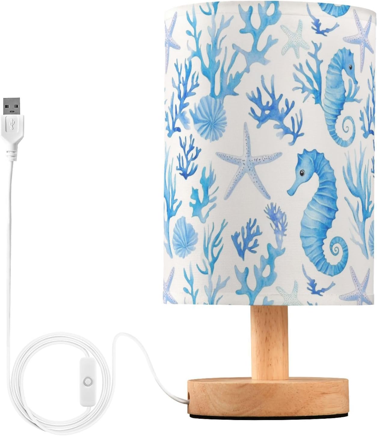 Nautical Seahorses Starfish Coral Blue Bedside Table Lamps with USB Port for Bedroom LampSmall ...