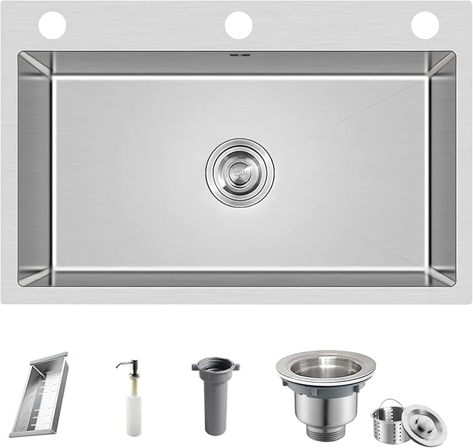 30" Drop-In or Undermount Kitchen Sink, Stainless Steel Single Bowl ...