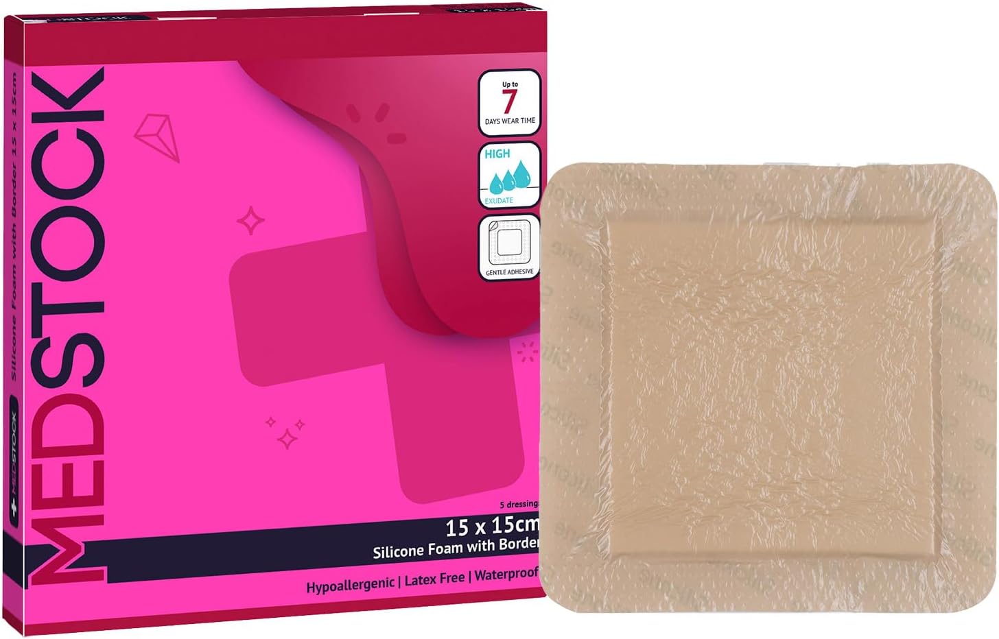 MEDSTOCK Silicone Foam Dressing with Border, 15CM X 15CM, 5 Count ...
