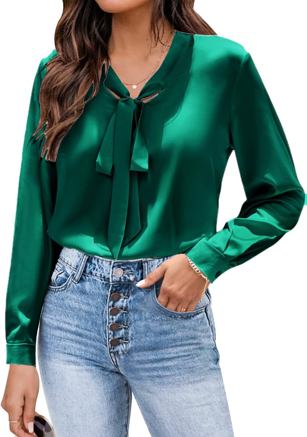 Chigant Dark Green Blouses Long Sleeve Silk Shirt Satin Flowy Elegant ...