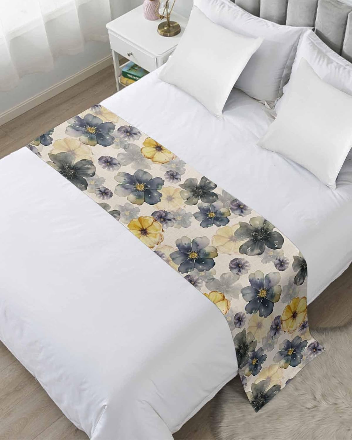 Amazon.com: Retro Beige Yellow Flower Bed Runner Scarf Cal King Size,Ombre Blue Green Blossom ...