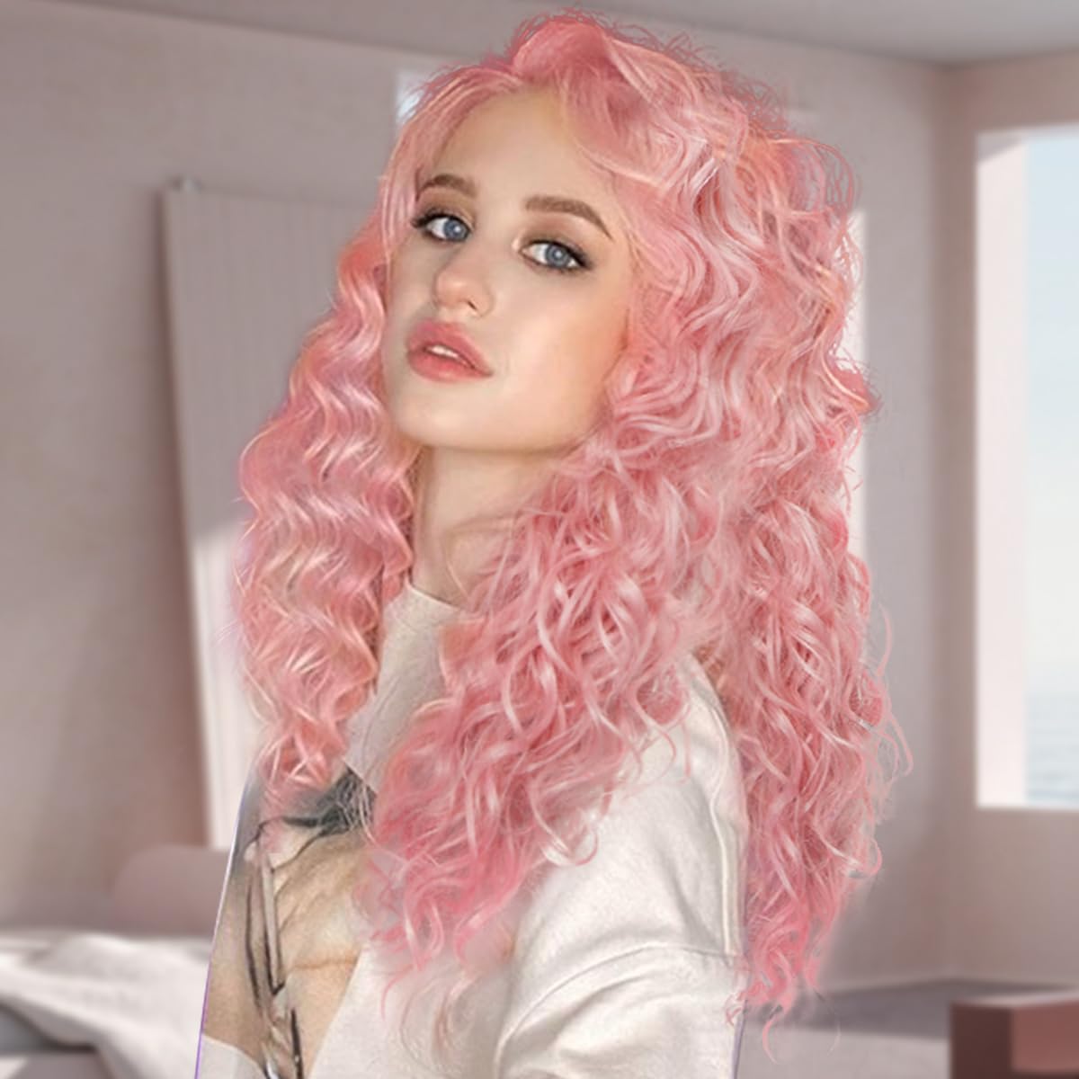 Amazon.com : Limerence Pink Curly Wig Long Pink Wigs for Women Look ...