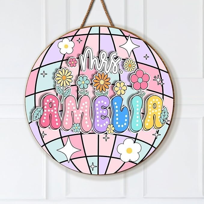 Amazon.com: Personalized Disco Ball Teacher Door Sign with Floral ...