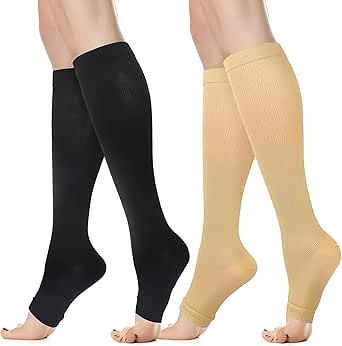 2 Pairs Open Toe Compression Socks for Men & Women 15-20 mmHg Knee High ...