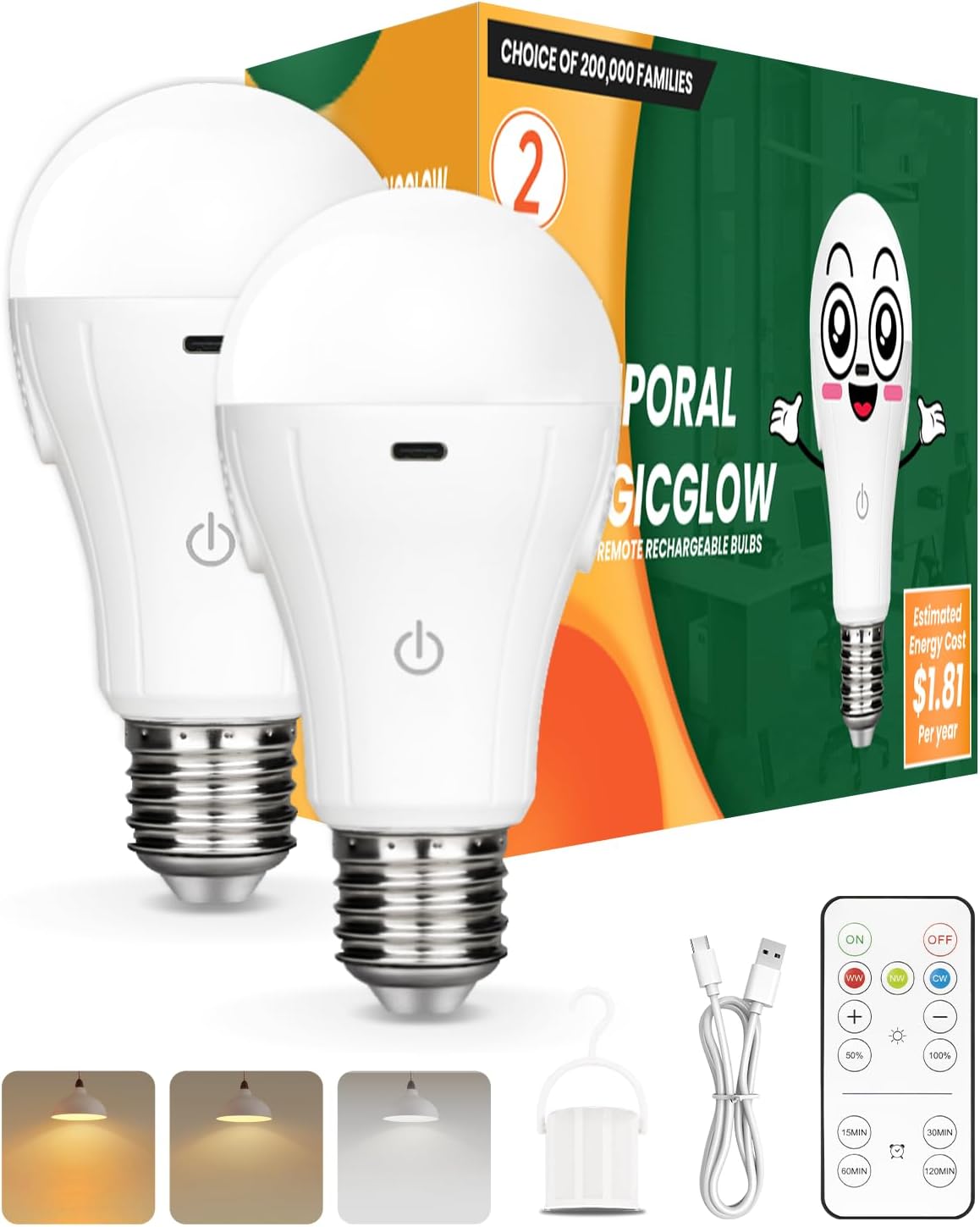 Neporal MagicGlow Rechargeable Light Bulbs with Remote, 3-Color Shift ...
