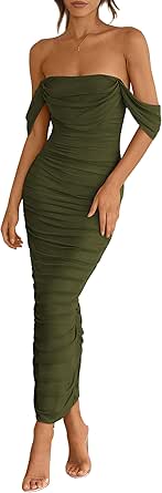 PRETTYGARDEN Womens Summer Off The Shoulder Dress Ruched Bodycon Sleeveless Split Cocktail Party ...