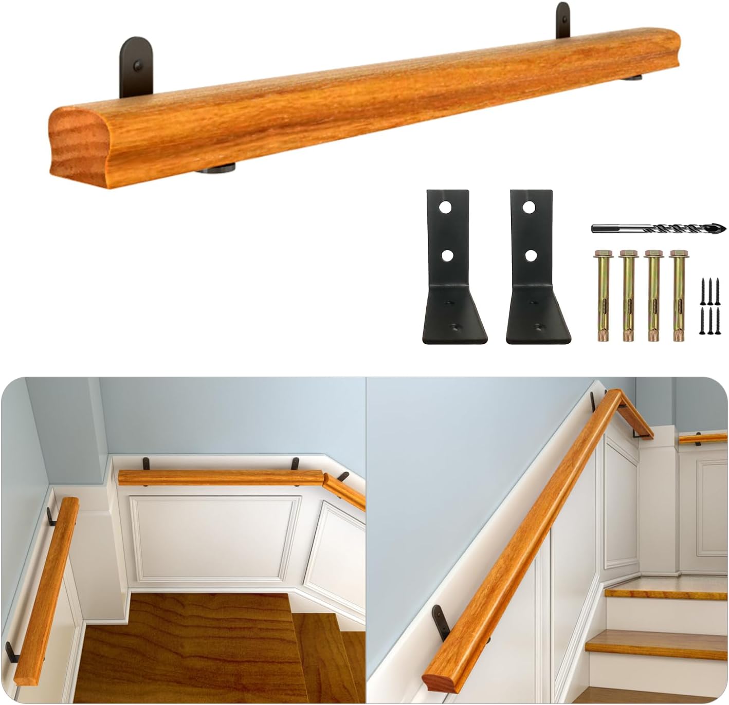 2FT Wooden Stair Handrail Indoor Outdoor, Sturdy Safety Wall Mount ...