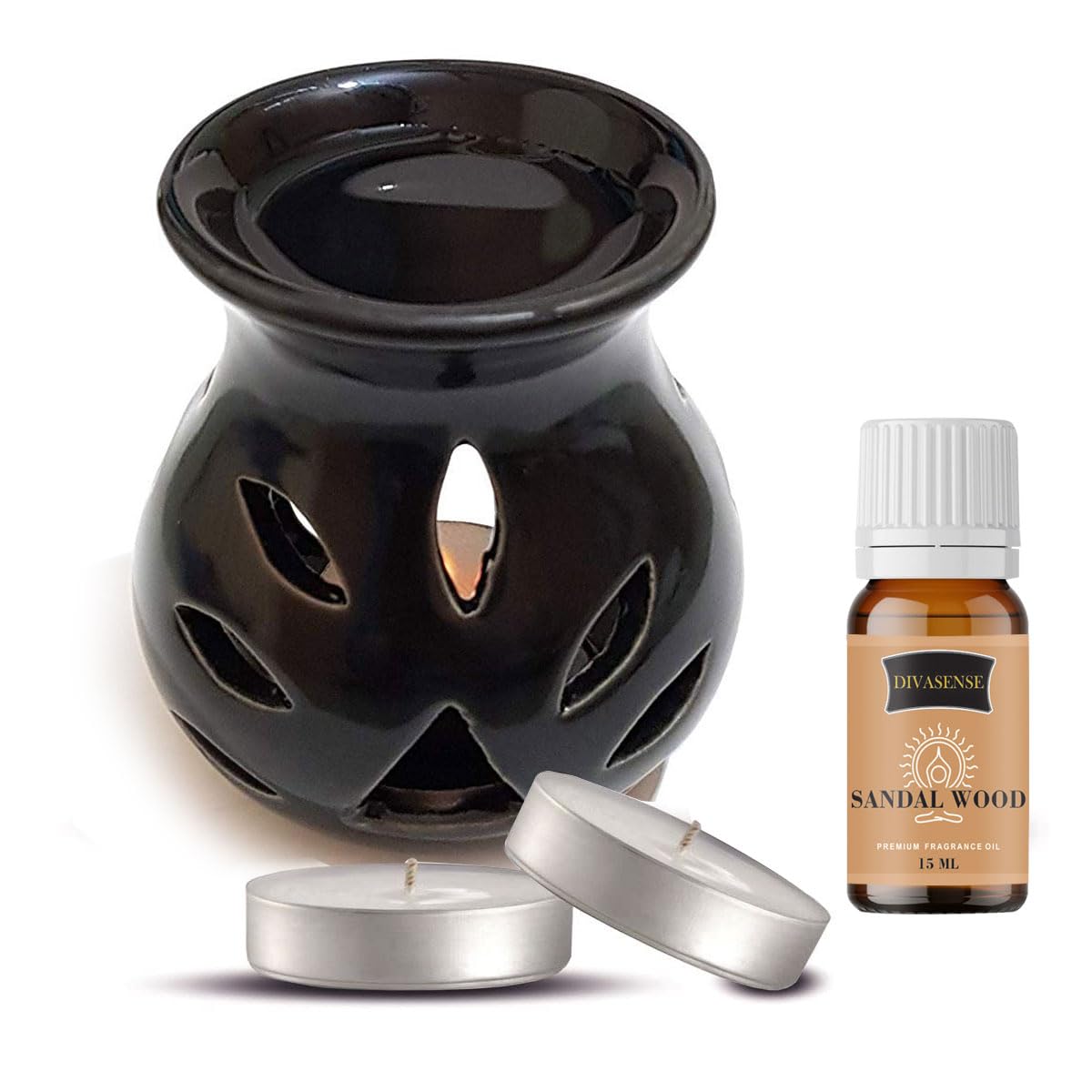 DIVASENSE Ceramic Aroma Black Diffuser Burner with 15Ml Sandalwood Oil ...