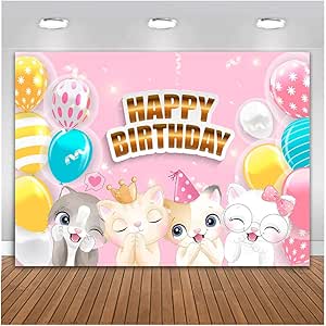 Amazon.com : TOAOFY Cute Cat Backdrop Happy Birthday Pink Party ...