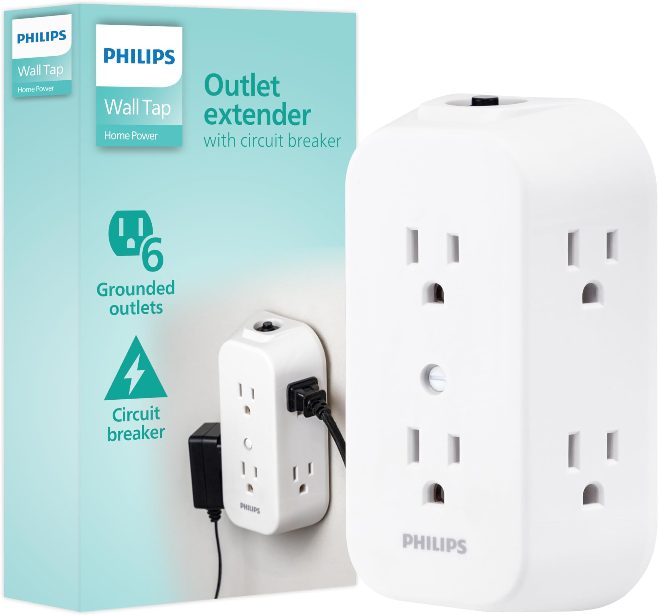 Philips 6-Outlet Extender, Grounded Wall Tap, Reset Button, Circuit ...