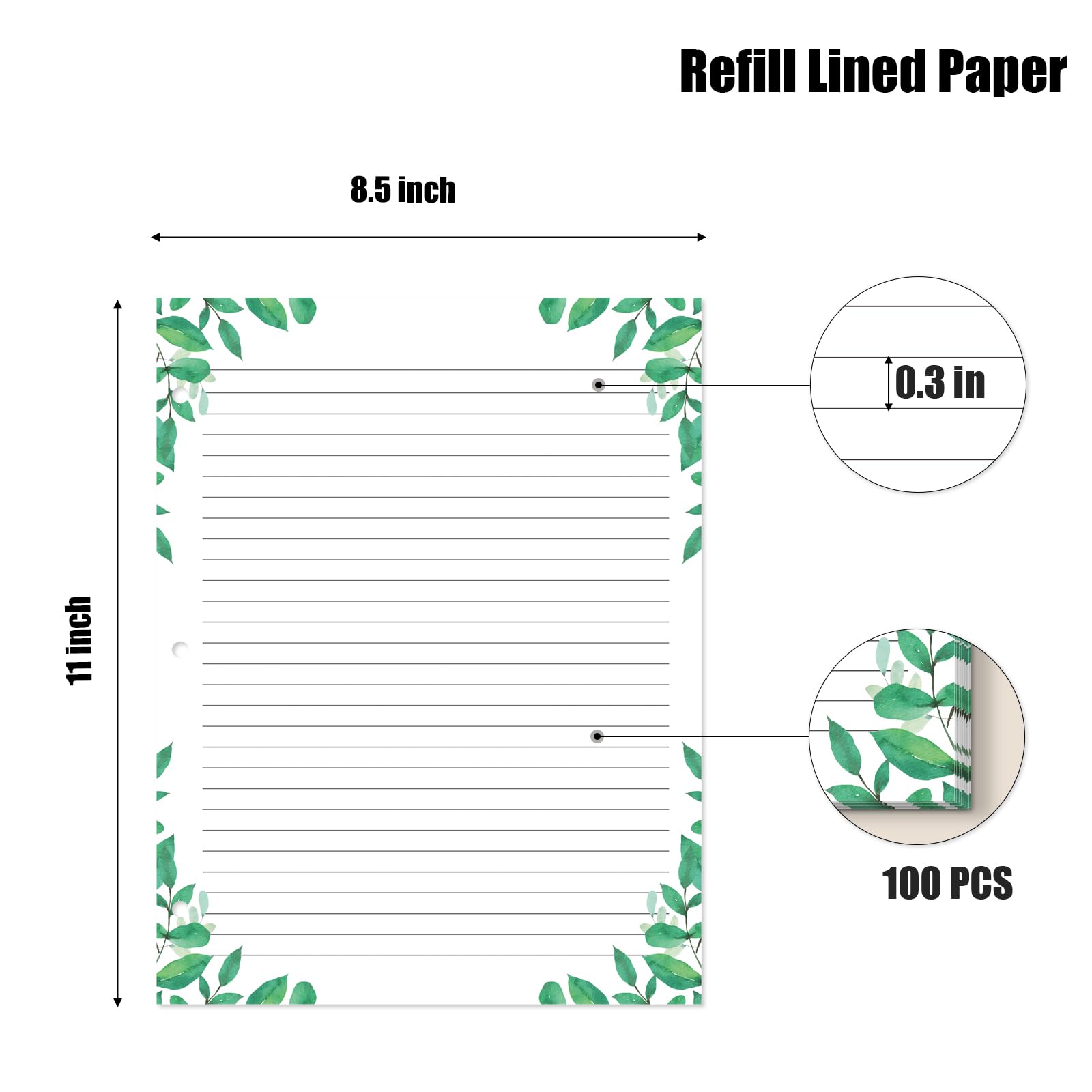 Snapklik.com : 100 Sheets Refill Paper, Lined Loose Leaf Paper 3-Hole ...