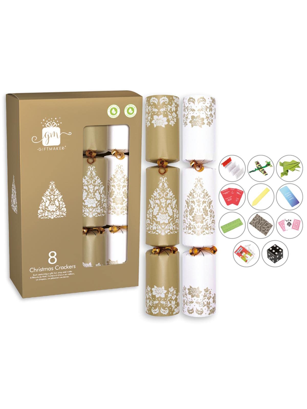 Pack 8 Giftmaker Cream & Gold Xmas Tree Design Christmas Crackers Eco ...