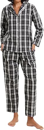 Navisting Women's Thin Checked Pajamas 100% Cotton Long Sleeve Long ...