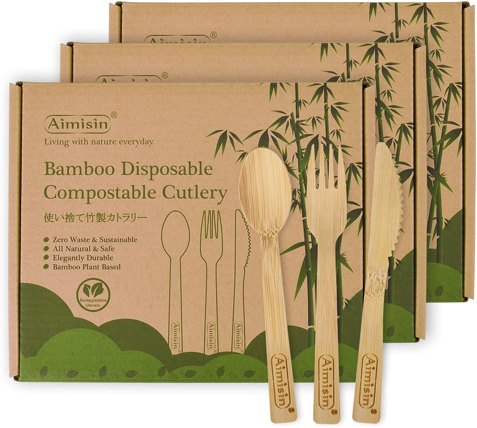 Amazon.com: 100% Bamboo Heavy Duty Disposable Cutlery [100PK:40 Fork 40 ...