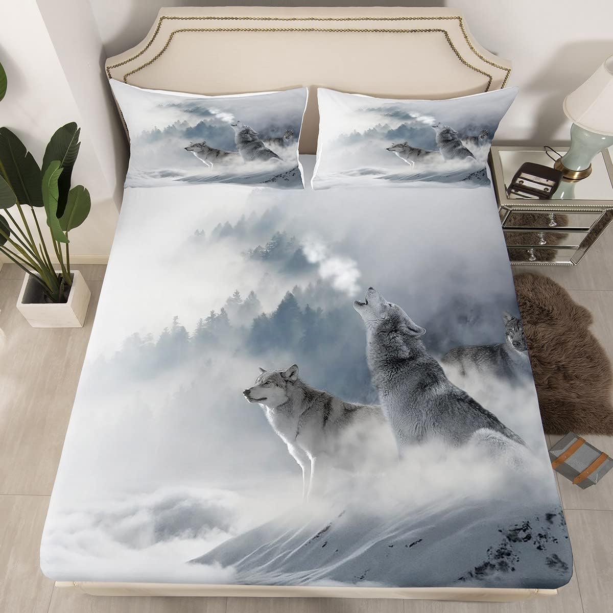 Amazon.com: Wolf Bedding Sets Safari Animals Fitted Sheet Set Misty ...