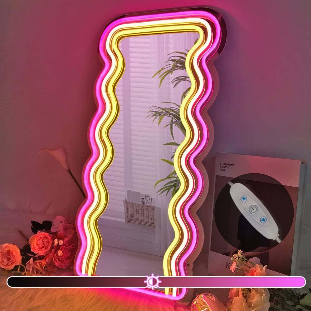 jXIN Wavy Mirror Neon Signs, 21.3" x 10.6" Wall Mounted Irregular ...