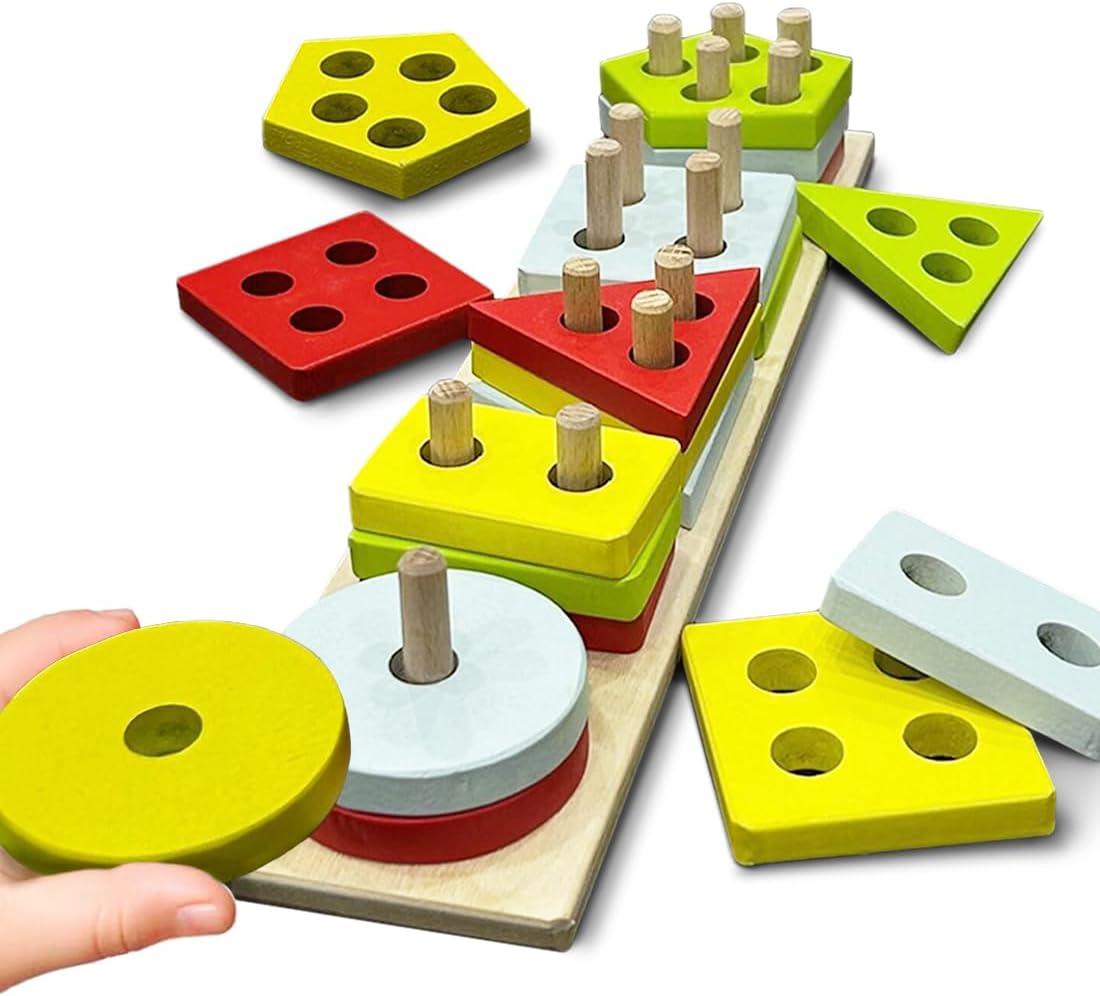 Wembley Kids Wooden Angle Geometric Blocks Stacker Shape Sorter Column ...