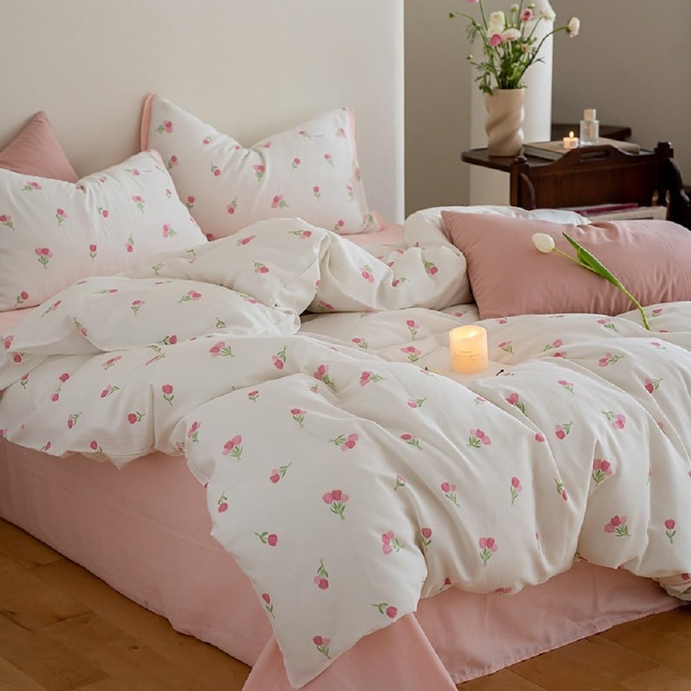 Lanqinglv Double Duvet Cover Set Floral White Pink Tulips Flowers ...
