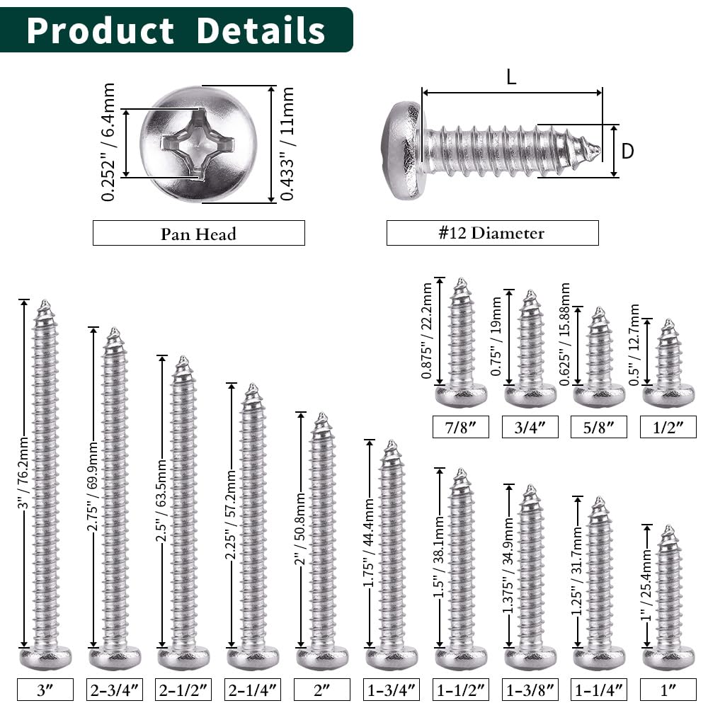Snapklik.com : #12 X 1-3/4" Pan Head Sheet Metal Screws, 304 Stainless ...
