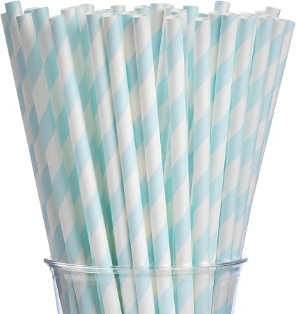 Amazon.com: ALINK 100 Light Baby Blue and White Striped Paper Straws ...