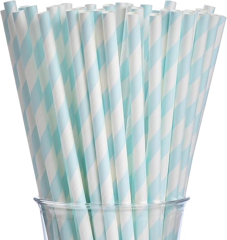 Amazon.com: ALINK 100 Light Baby Blue and White Striped Paper Straws ...