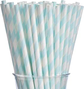 Amazon.com: ALINK 100 Light Baby Blue and White Striped Paper Straws ...