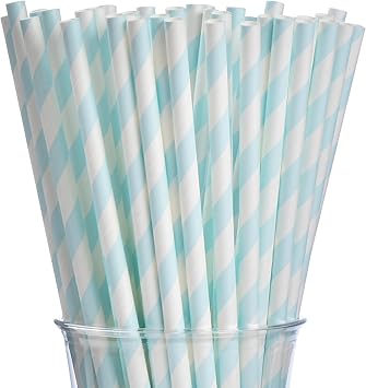 Amazon.com: ALINK 100 Light Baby Blue and White Striped Paper Straws ...