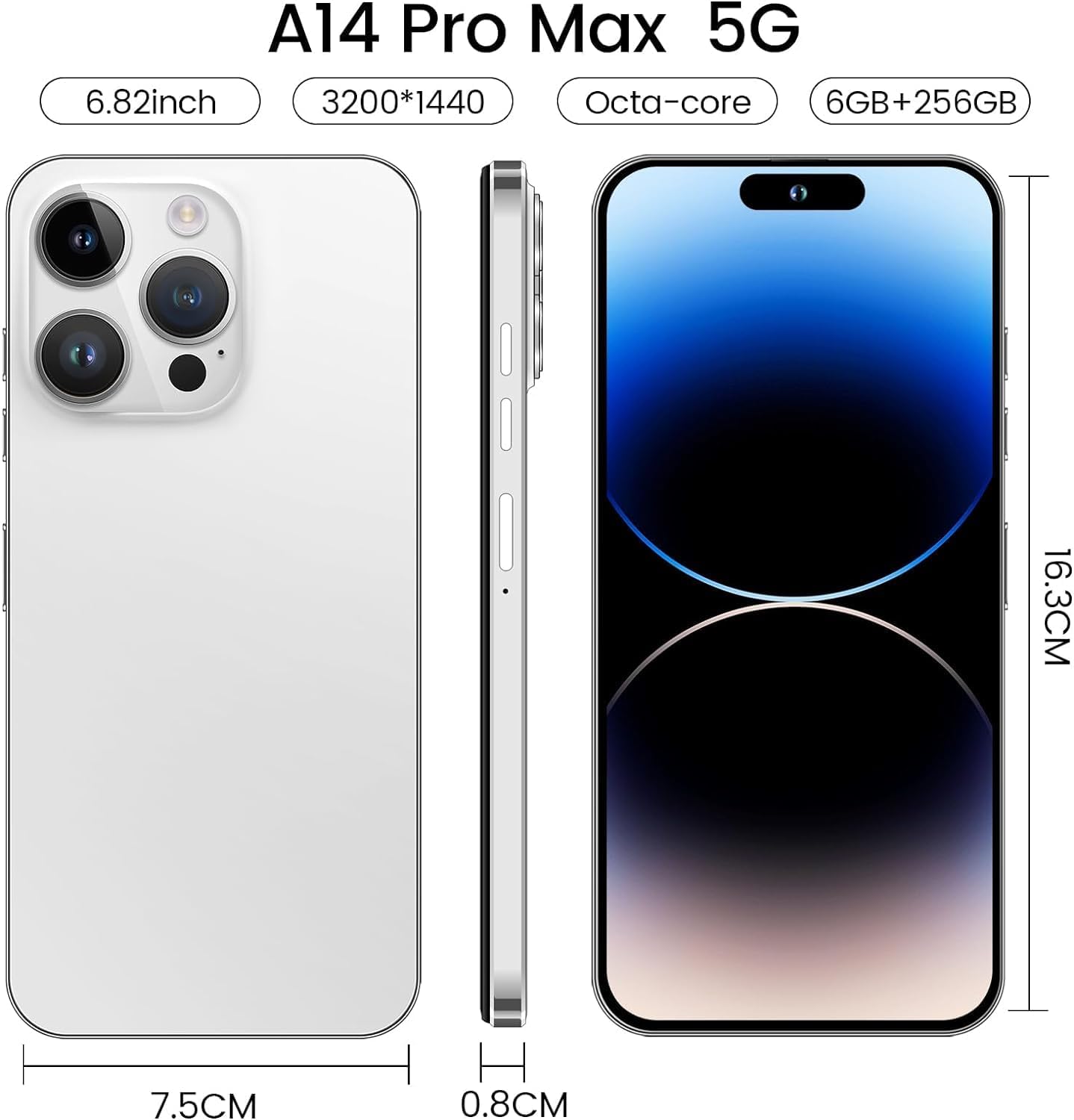 SANSHREUNI A14 Pro Max – Teléfono inteligente desbloqueado, 6GB+256GB ...